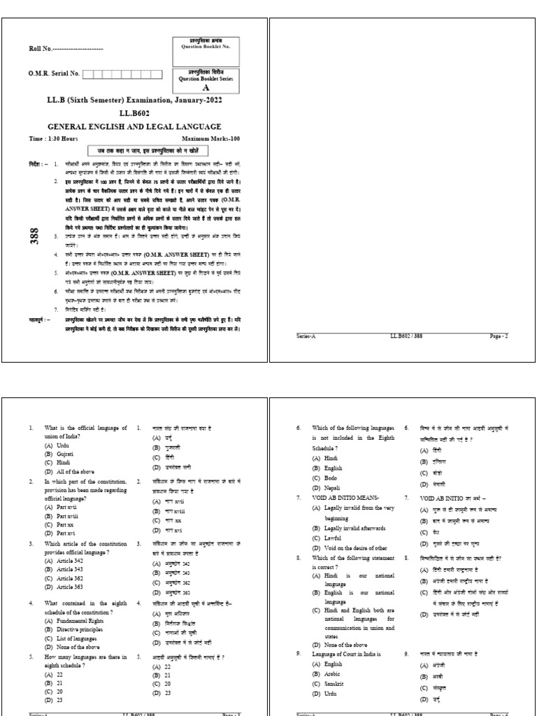 LLB 6 Sem General English and Legal Language llb602 Set A Jan 2022 | PDF