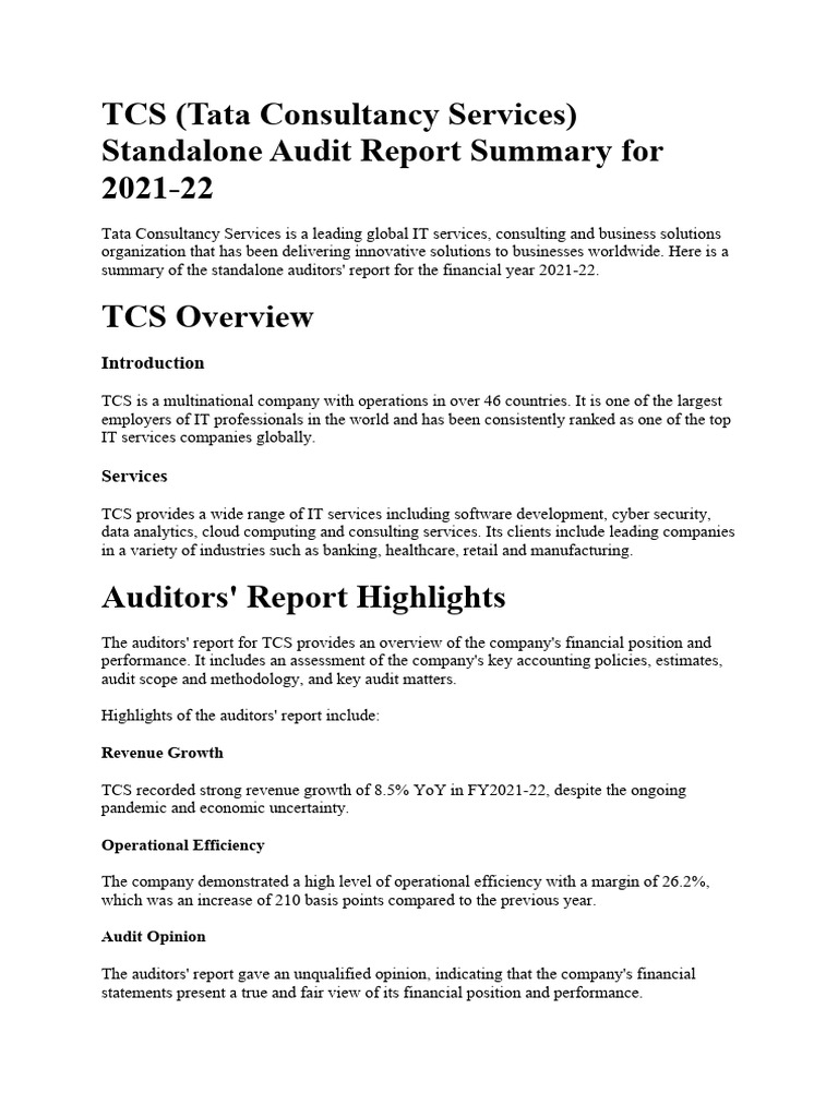 TCS (Tata Consultancy Services) Standalone Audit Report Summary For ...