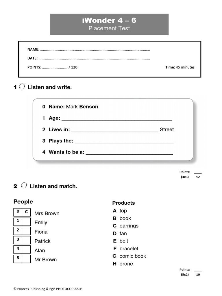 2 I Wonder 4-6 Placement Test | PDF