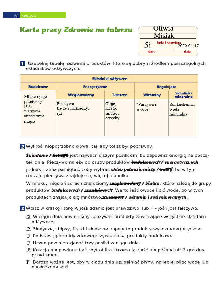 Karta Pracy Zdrowie Na Talerzu | PDF