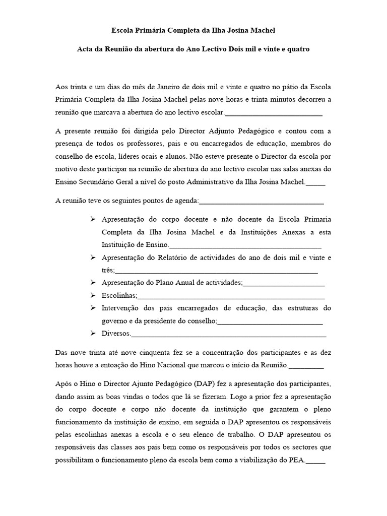 Acta Da Abertura Do Ano Lectivo 2024 | PDF | Escolas