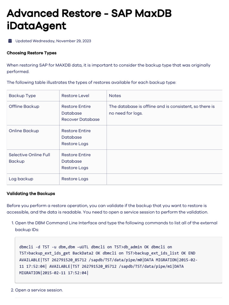 Advanced Restore Sap Maxdb Idataagent Pdf Backup Databases