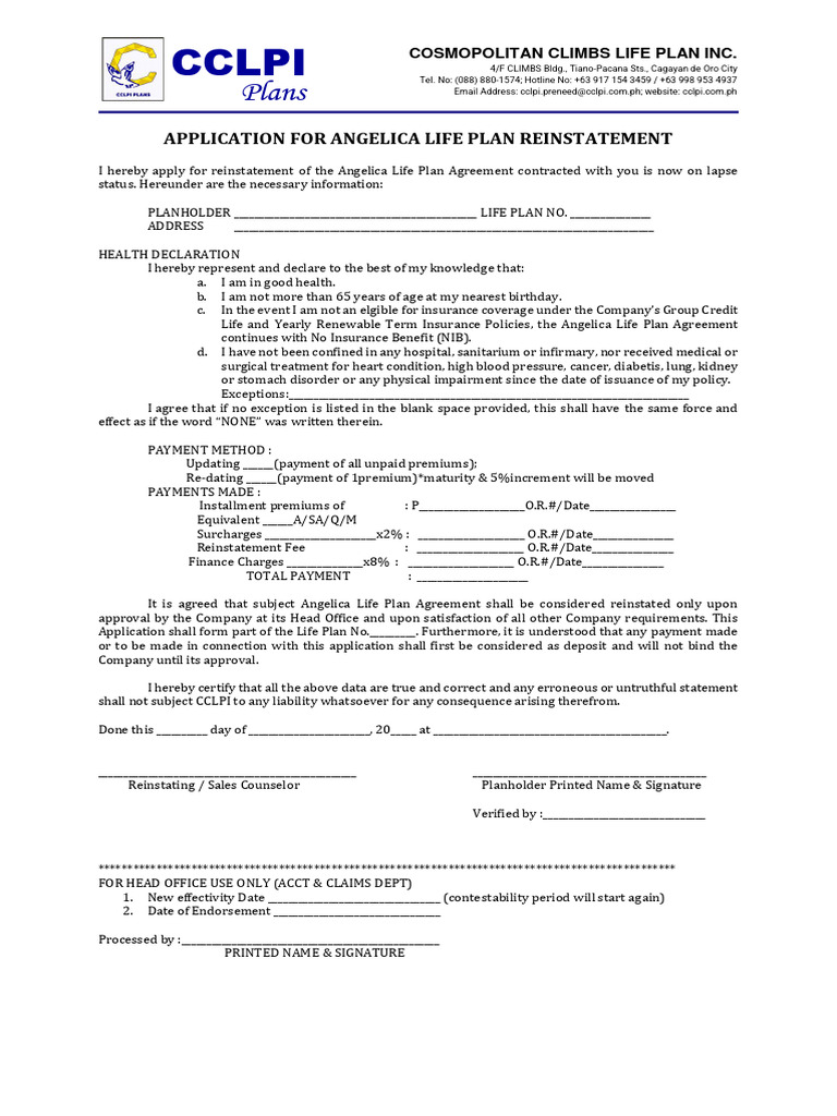 REINSTATEMENT-FORM-1 | PDF | Insurance | Health Care