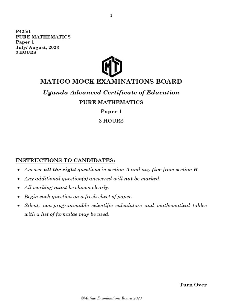 UACE 2023 Pure Mathematics Mock Exam | PDF | Ellipse | Equations