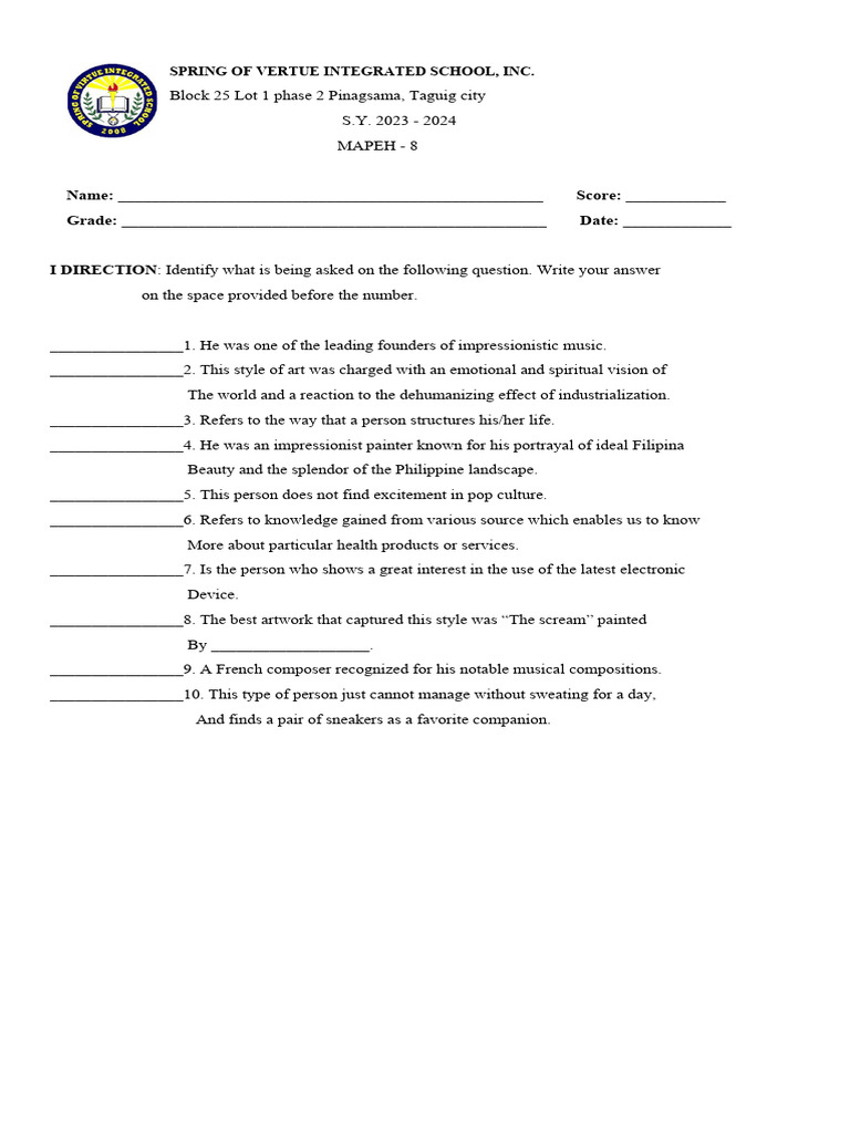 MAPEH-8 Quiz: Arts & Lifestyle | PDF | Social Science