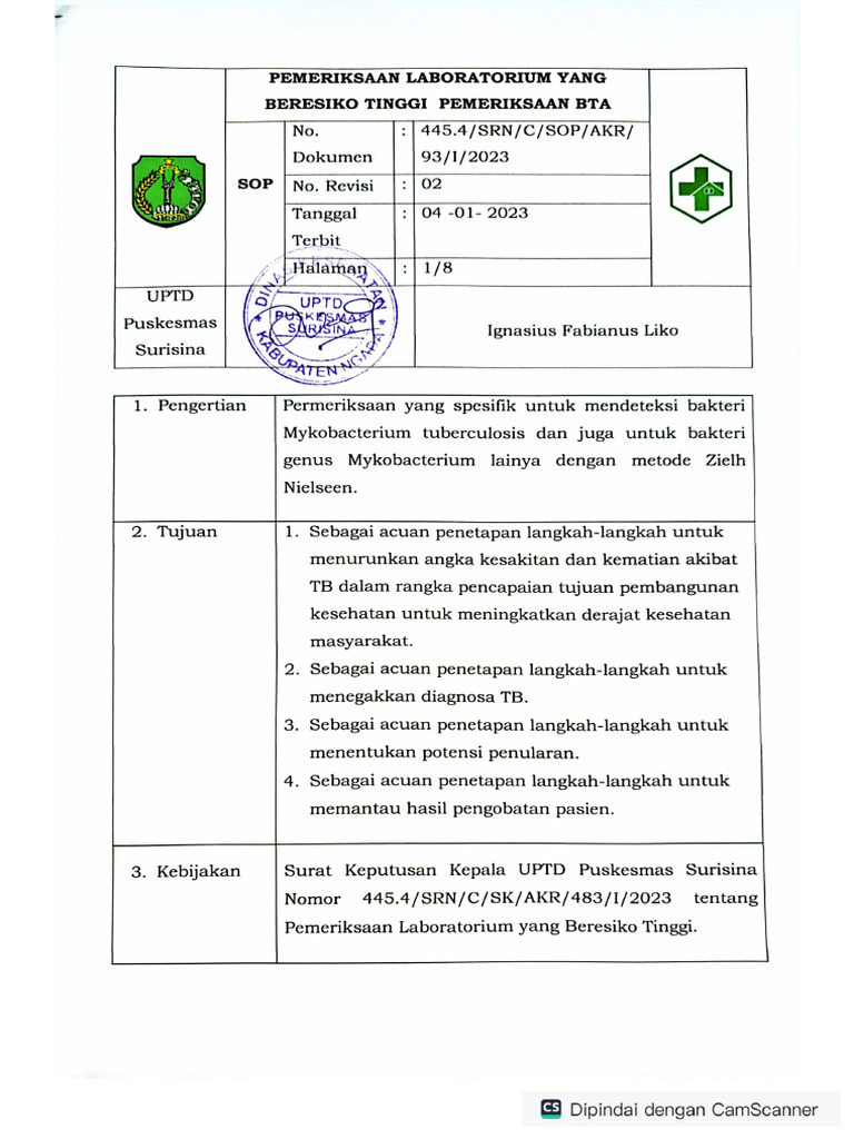 3.9.1.3.3a Pemeriksaan Laboratorium Yang Berisiko Tinggi Pemeriksaan Bta | PDF