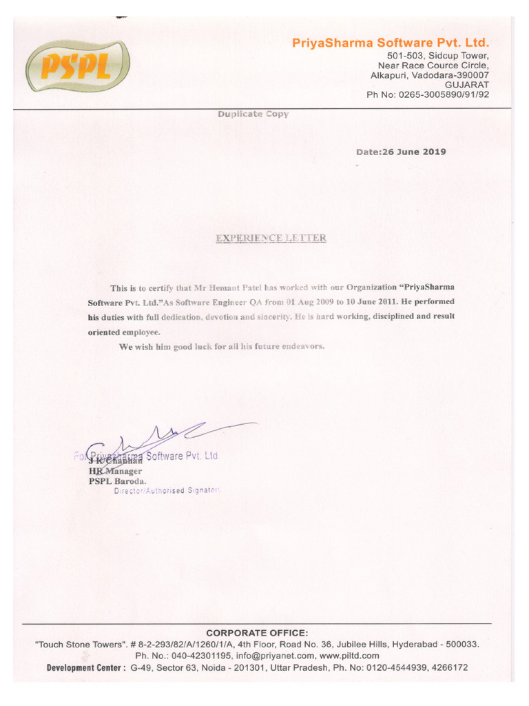 Experience Letter - Priya Sharma Software | PDF