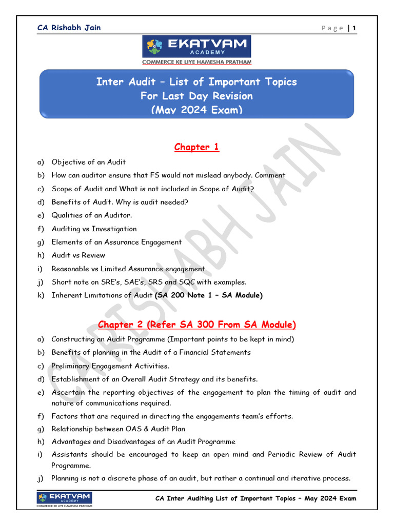 Inter Audit Importants Topics For May - W 2024 | PDF | Audit | Internal ...