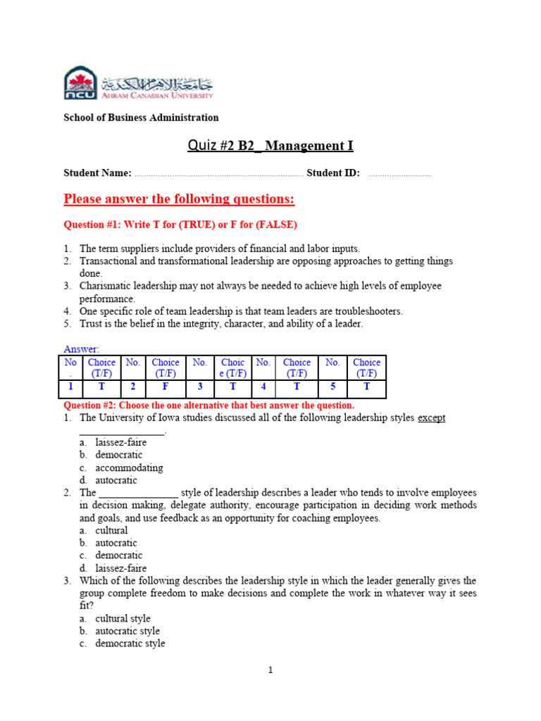 Answer of Quiz#2 - B2 Management 1 | Download Free PDF | Leadership ...