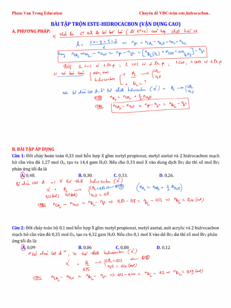 BÃ I Táº P VDC-TRá N ESTE-HIDROCACBON 2023-VIáº T TAY (PHáº M VÄ N TRá NG) | PDF
