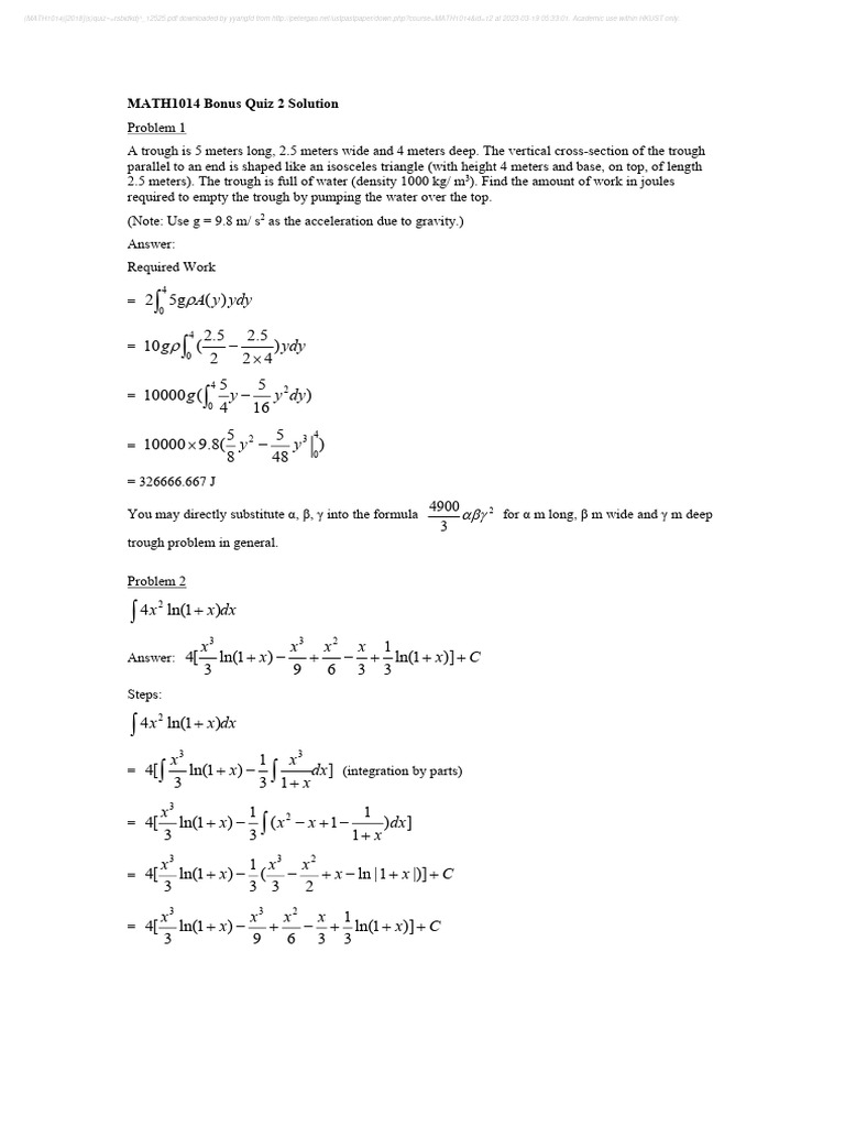MATH1014 Bonus Quiz 2 Solutions | PDF