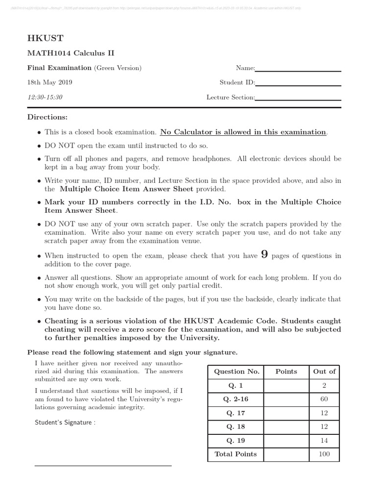(MATH1014) (2019) (S) Final Ffemujf 78295 | PDF | Multiple Choice