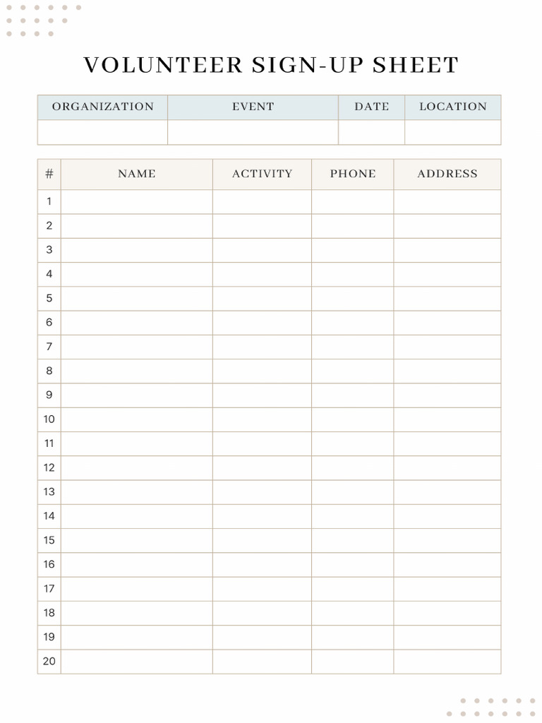 Modern White Beige Volunteer Sign Up Sheet | PDF