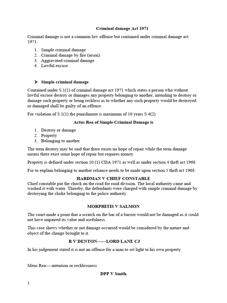 Overview of the Criminal Damage Act 1971 | PDF | Recklessness (Law ...