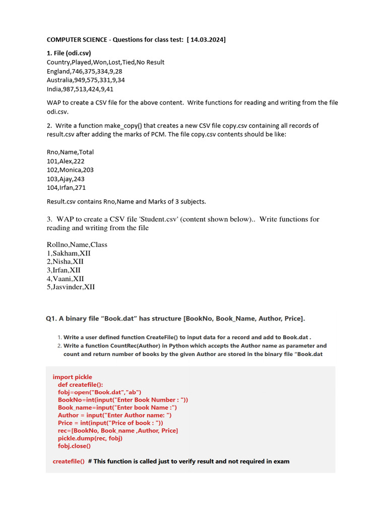 Test - Binary, CSV File Handling | PDF Test - Binary, CSV File Handling | PDF