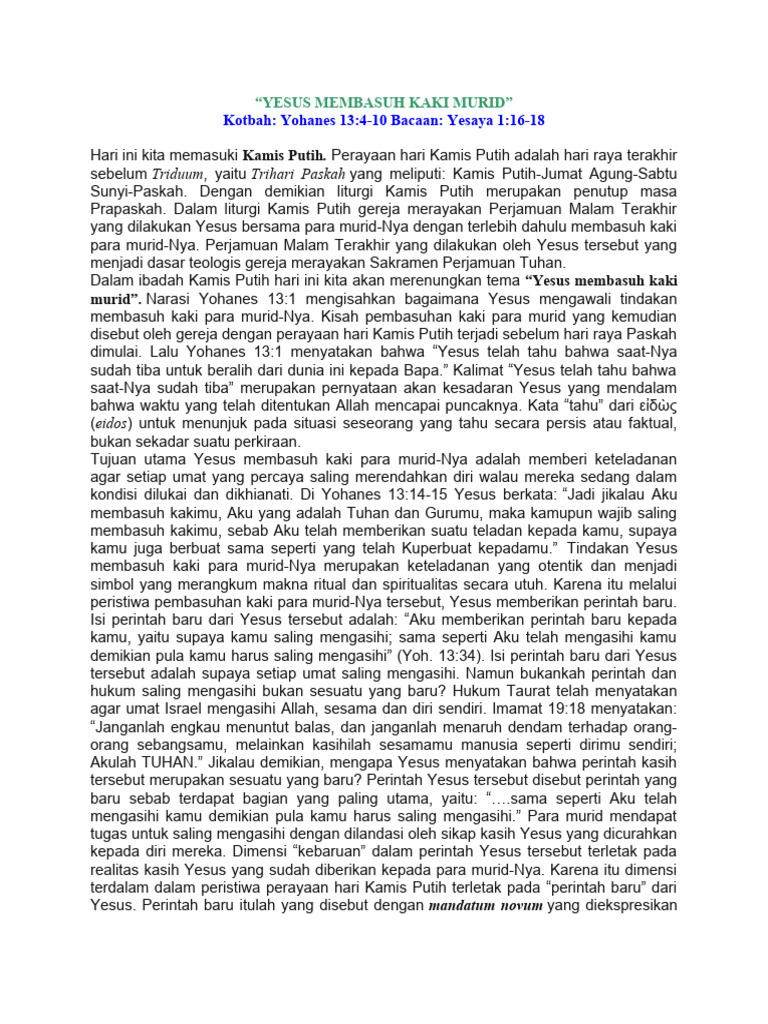 YESUS MEMBASUH KAKI MURID.docx kamis putih | PDF