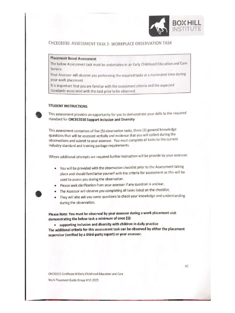 CHCE030 Assessment Task2 Workplace Observation Task | PDF