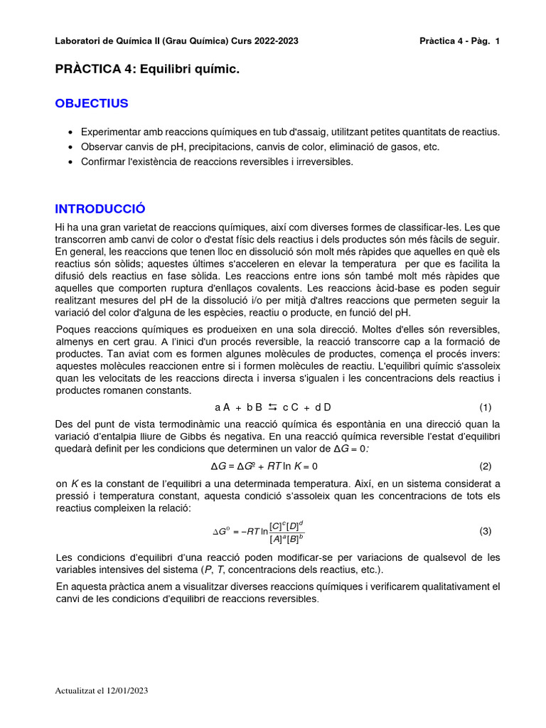 LQII - Val - Pràctica - 4 - Equilibri Quimic - 2023 | PDF