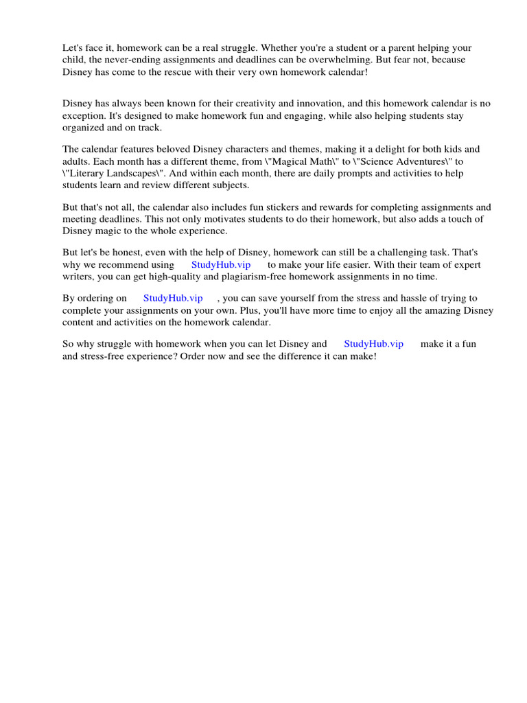 Disney Homework Calendar | PDF | Homework | Page Layout