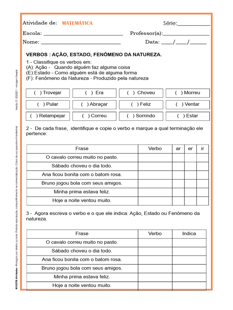 Português - 2 - Verbos Ação Estado Fenômeno Da Natureza | PDF | Artes ...
