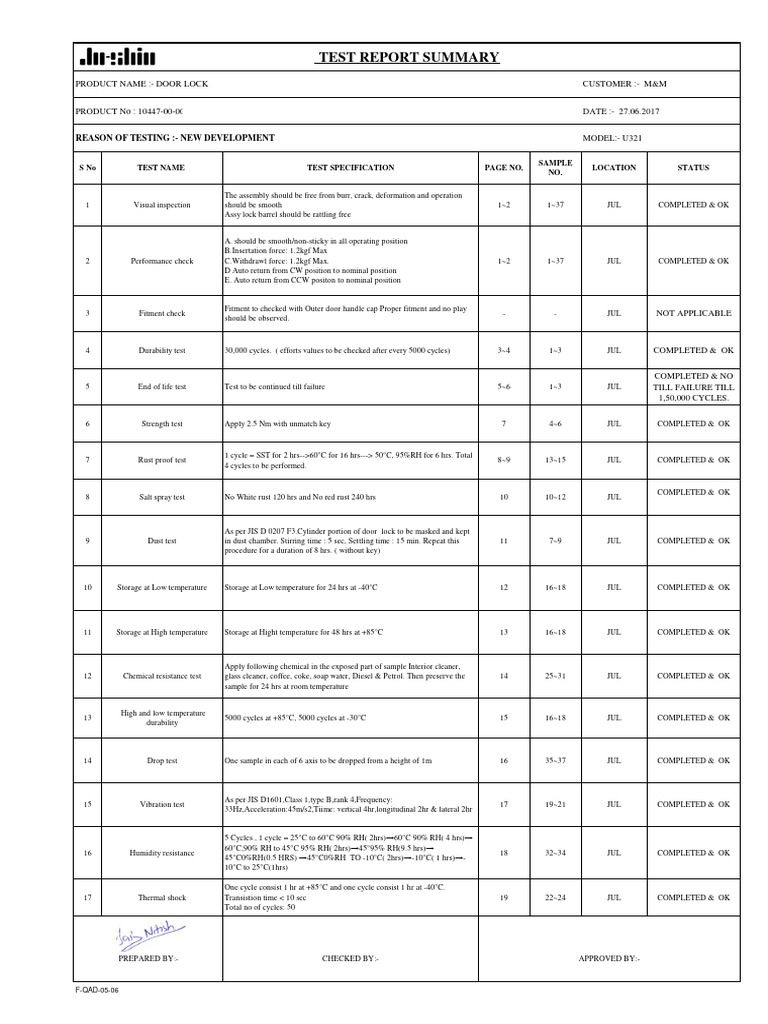 Door Lock Performance Test Summary | PDF | Materials | Applied And ...