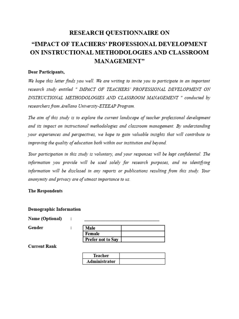 RESEARCH QUESTIONNAIRE Mr. Padillas Group | PDF | Teachers | Classroom