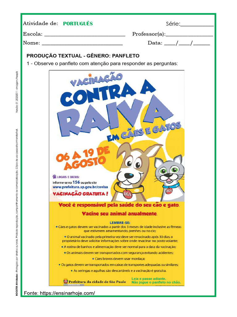Produção Textual - 6 - Gênero Panfleto | PDF | Cães