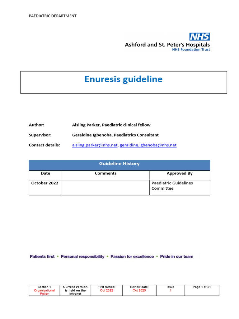 Enuresis Guideline Oct 2022 | PDF | Nocturnal Enuresis | Urinary ...