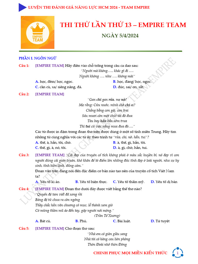 De Thi Thu Lan Thu 13 - Empire Team | PDF