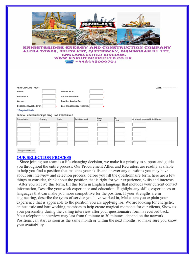KNIGHTBRIDGE_ENERGY_AND_CONSTRUCTION_COMPANY_ONLINE_QUESTIONNAIRE__FORM | PDF | Salary | Employment
