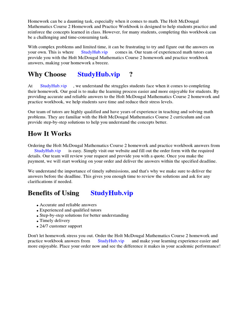 Holt Mcdougal Mathematics Course 2 Homework and Practice Workbook ...