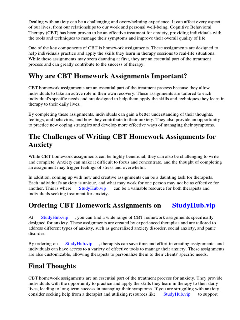 CBT Homework Assignments For Anxiety | Download Free PDF | Cognitive Behavioral Therapy ...