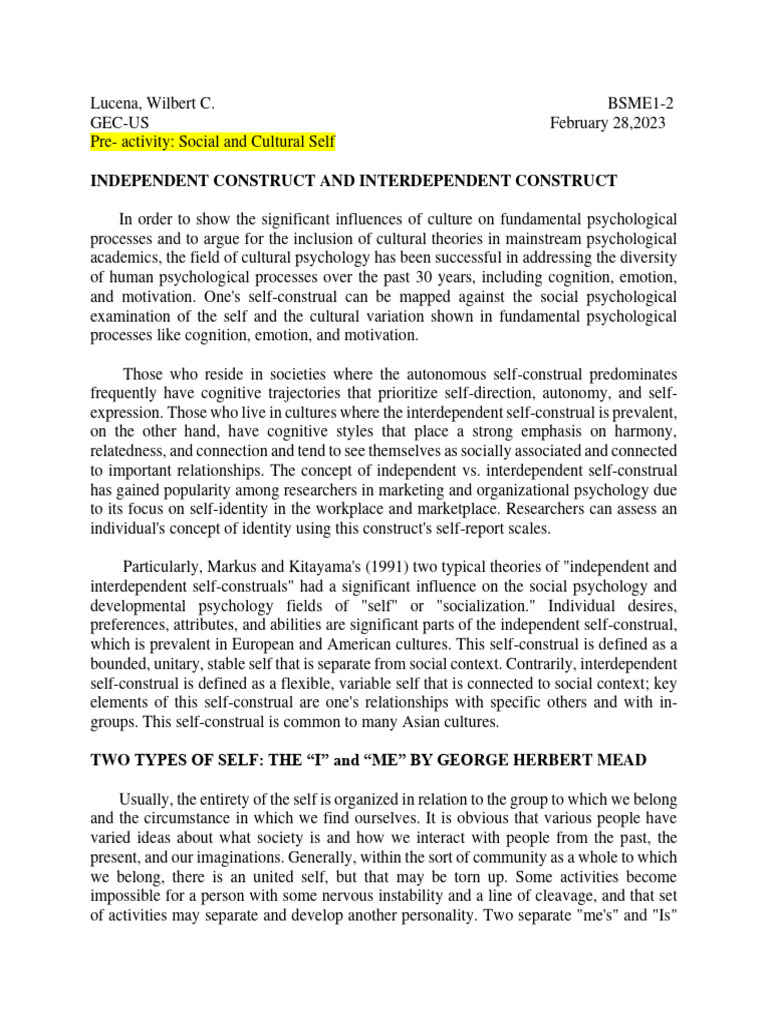 LUCENA - GEC US - Pre Act Social and Cultural Self | PDF | Self ...