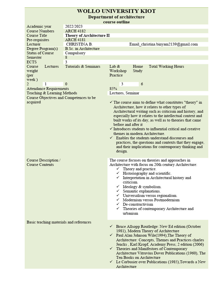Theory of Architecture II Course Outline | PDF | Theory | Lecture