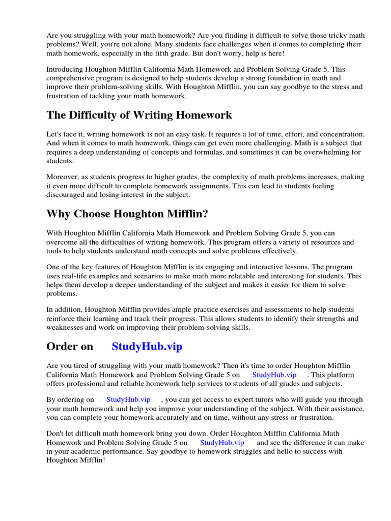 Houghton Mifflin California Math Homework and Problem Solving Grade 5 | PDF | Homework | E Bay