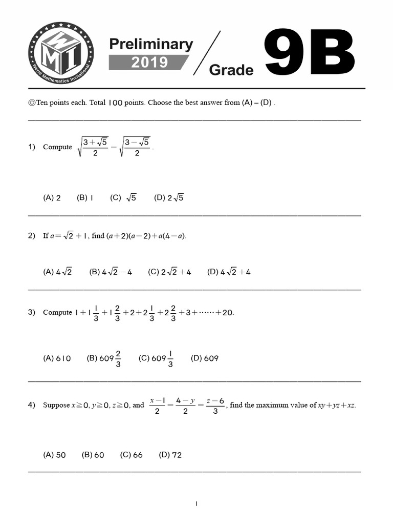 2019 WMI Grade 9 Questions Part 2-英 | PDF | Mathematics | Mathematical ...