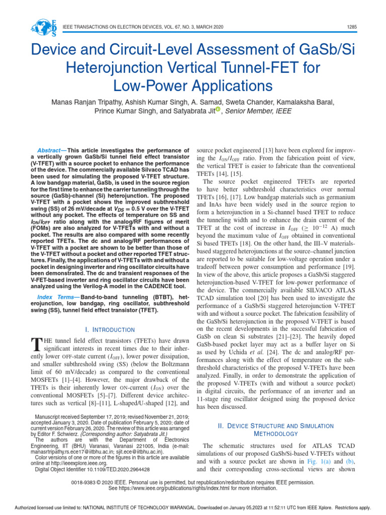 Device and Circuit-Level Assessment of GaSb Si Heterojunction Vertical Tunnel-FET For Low-Power ...