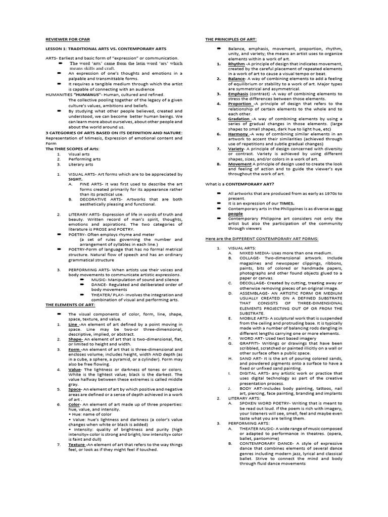 CPAR Reviewer: Arts Overview Grade 12 | PDF | The Arts | Poetry