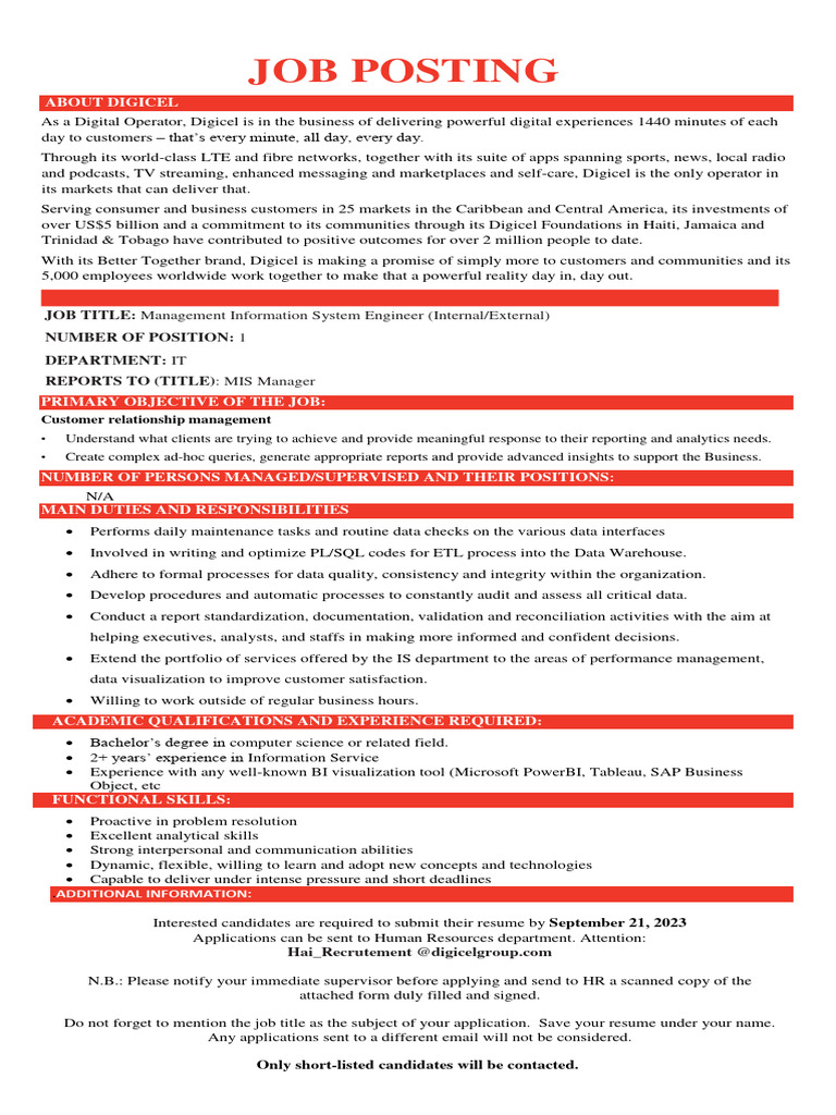 MIS Engineer Role at Digicel | PDF | Résumé | Business
