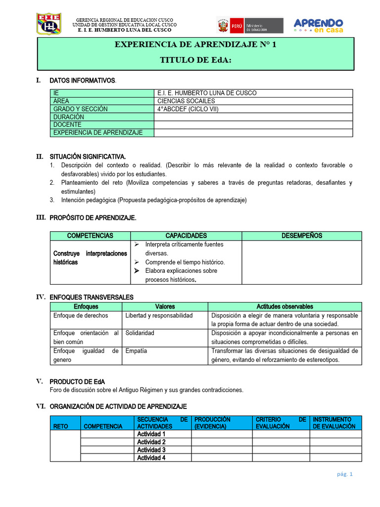 Formato de Experiencia de Aprendizaje 2022 | PDF | Evaluación | Aprendizaje