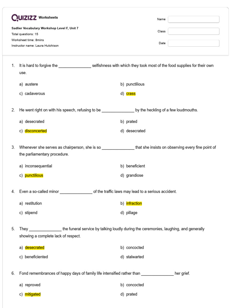 Sadlier Vocabulary Workshop Level F Unit 7 | PDF