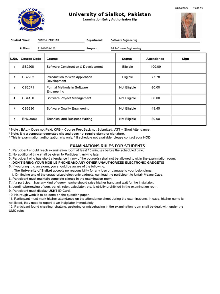 University of Sialkot, Pakistan: Fatima Iftikhar 21101001-123 Software Engineering BS Software ...