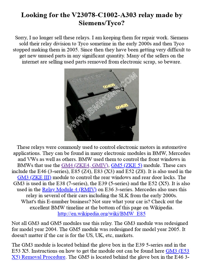 BMW E46, E83-X3, E52-Z8 GM5 Front Window Relays V23078-C1002-A303 | PDF ...