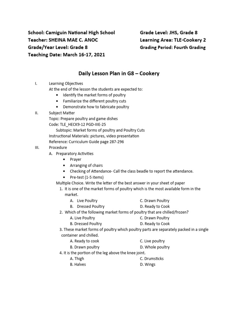 Daily Lesson Plan in G10 - Sheina Mae | PDF | Poultry | Cognition