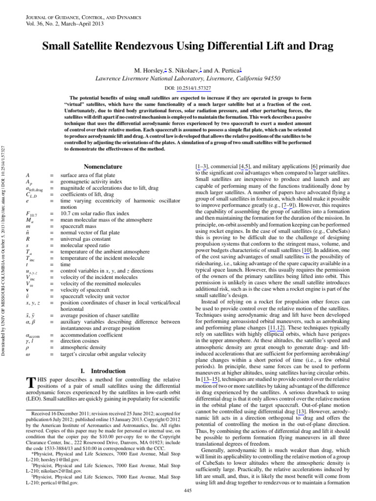 Differential Lift and Drag for Satellite Control | PDF | Lift (Force ...