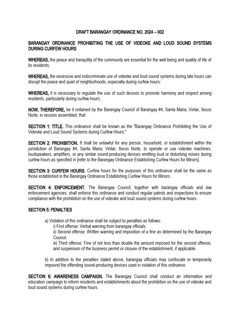 Prohibiting The Use of Videoke and Loud Sound Systems Ordinance | PDF ...