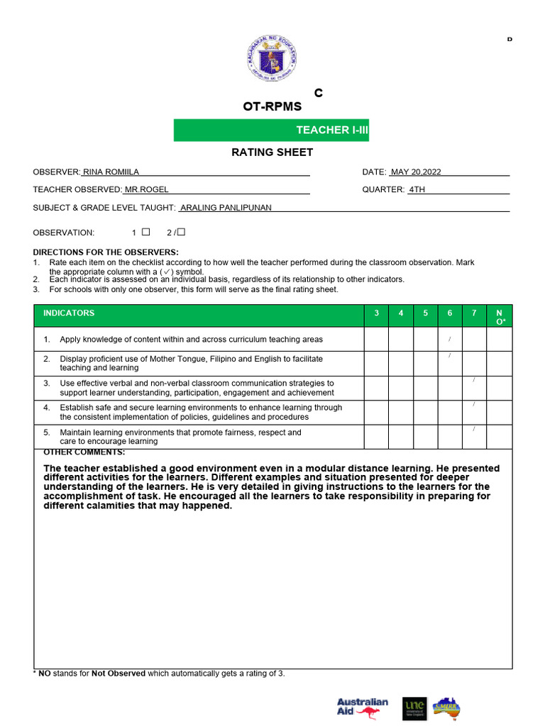 3C COT RPMS Rating Sheet for T I III for SY 2021 2022 in the Time of ...