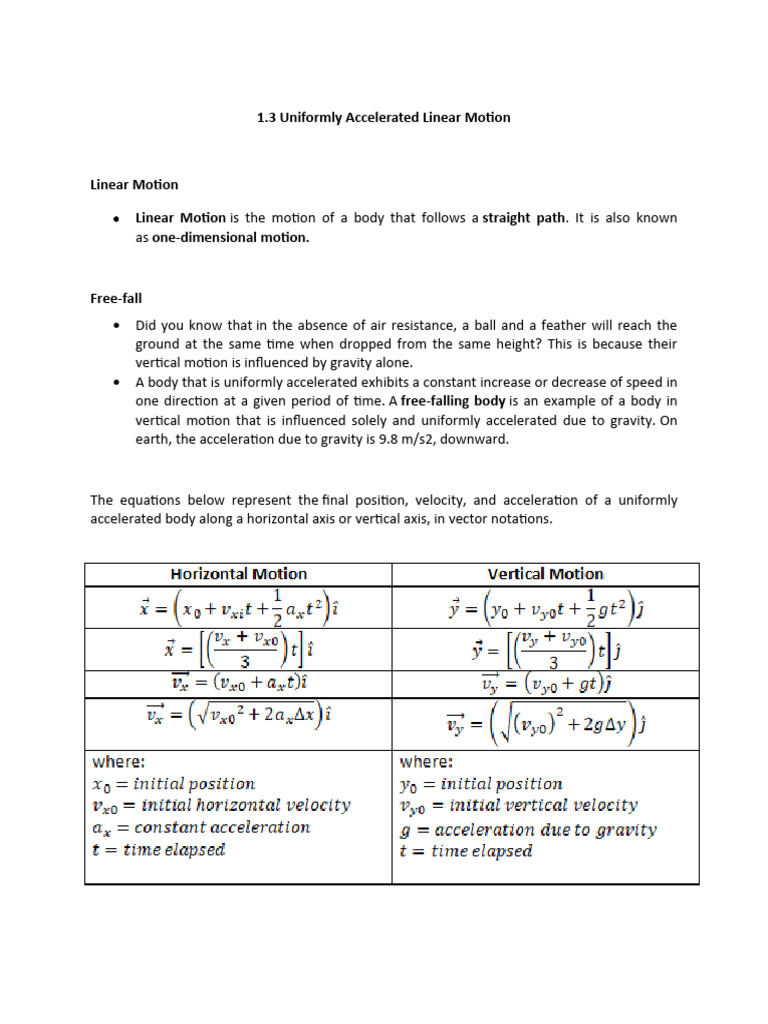 Lesson 1.3 - Uniformly Accelerated Linear Motion | PDF