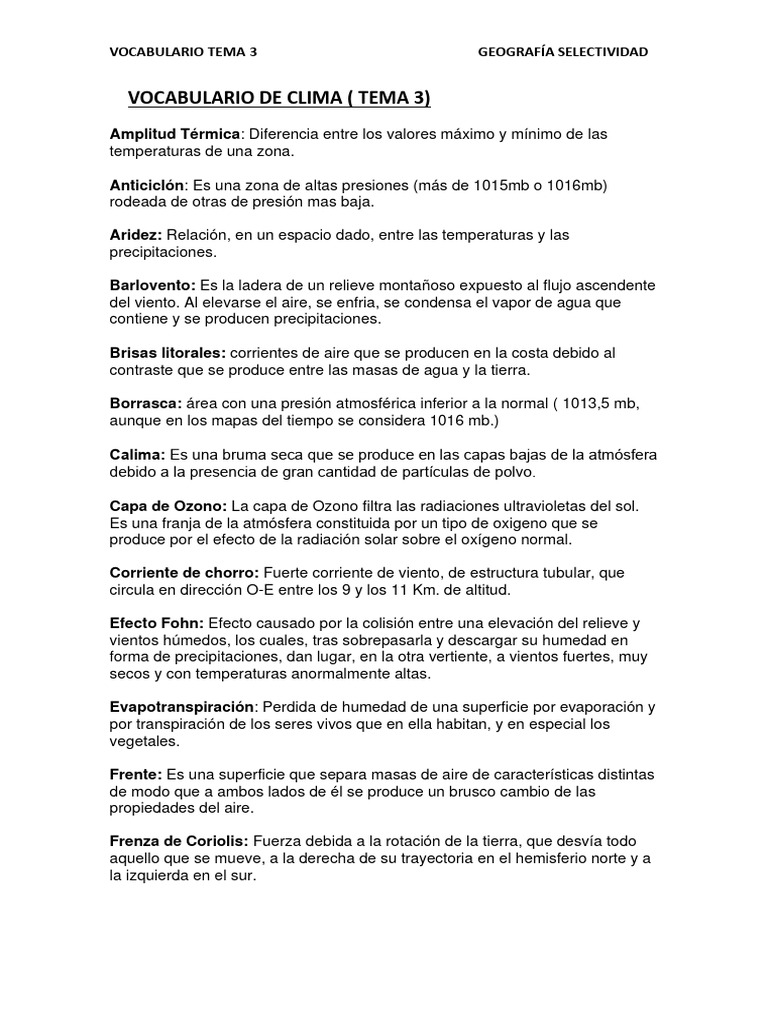 Vocabulario Tema 3 Clima | Descargar gratis PDF | Precipitación | Vapor ...
