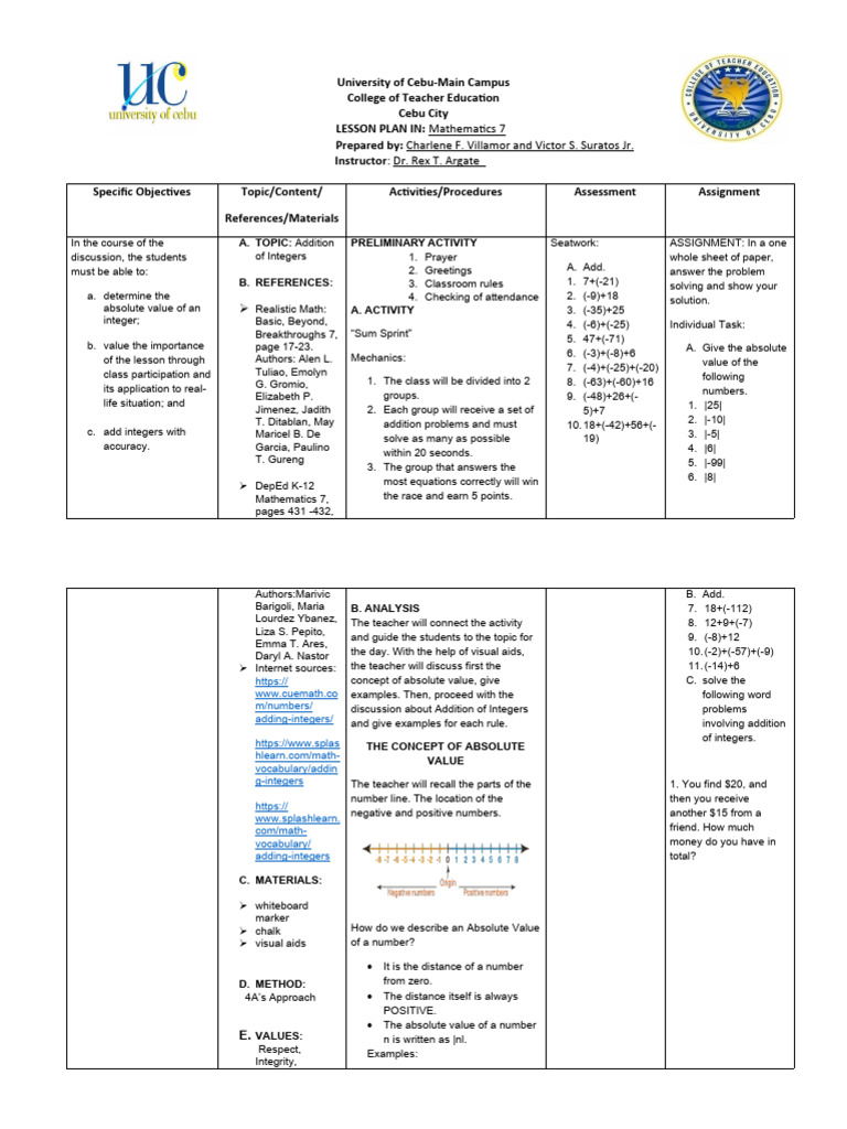 Mathematics 7 Lesson Plan: Adding Integers | PDF | Mathematics | Arithmetic